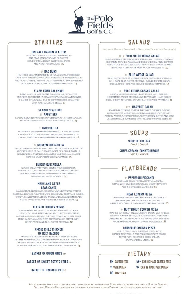 Dinner Menu | Polo Fields Golf & Country Club